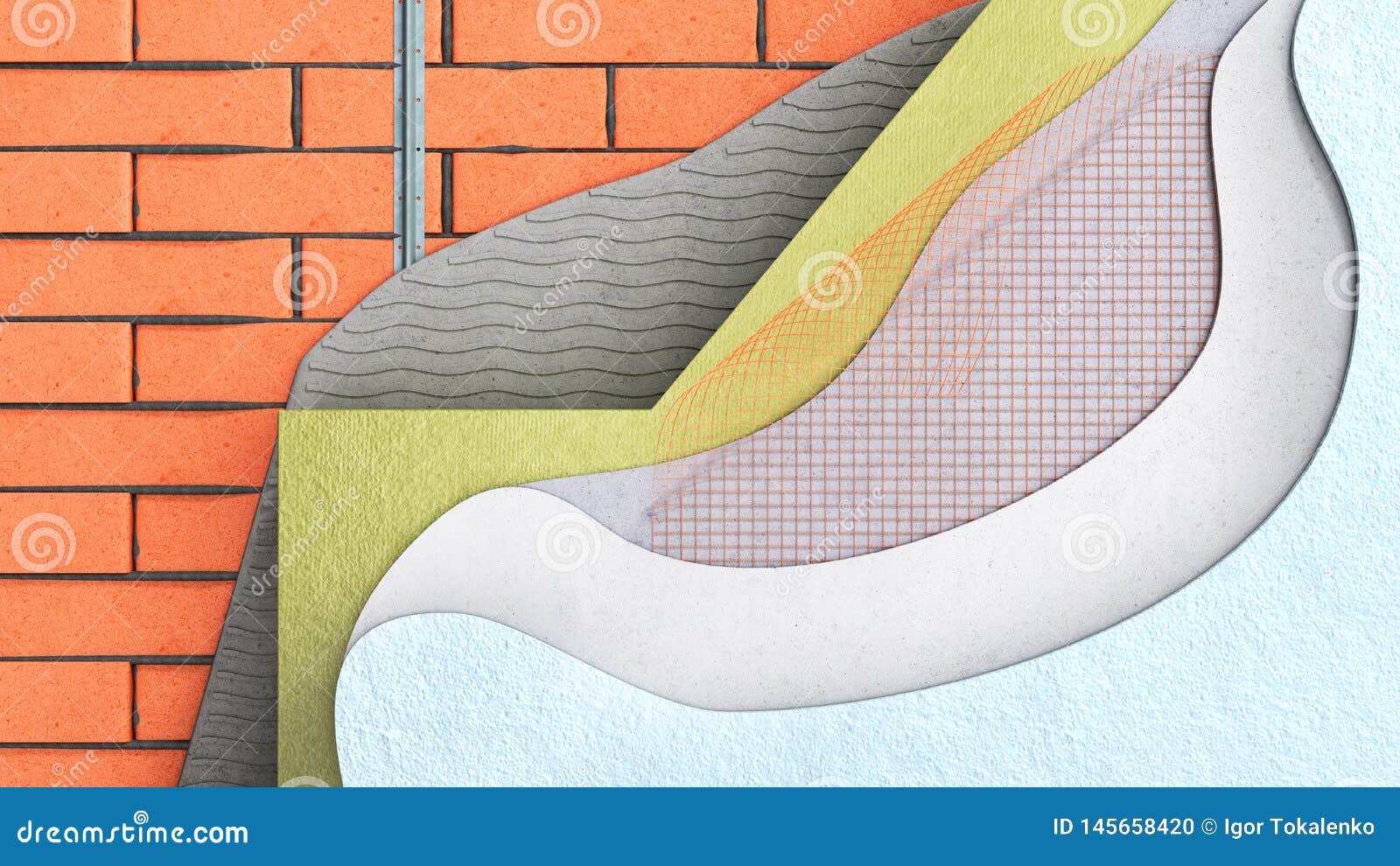 Layered Brick Wall Thermal Insulation Concept 3d Render On Blue ...