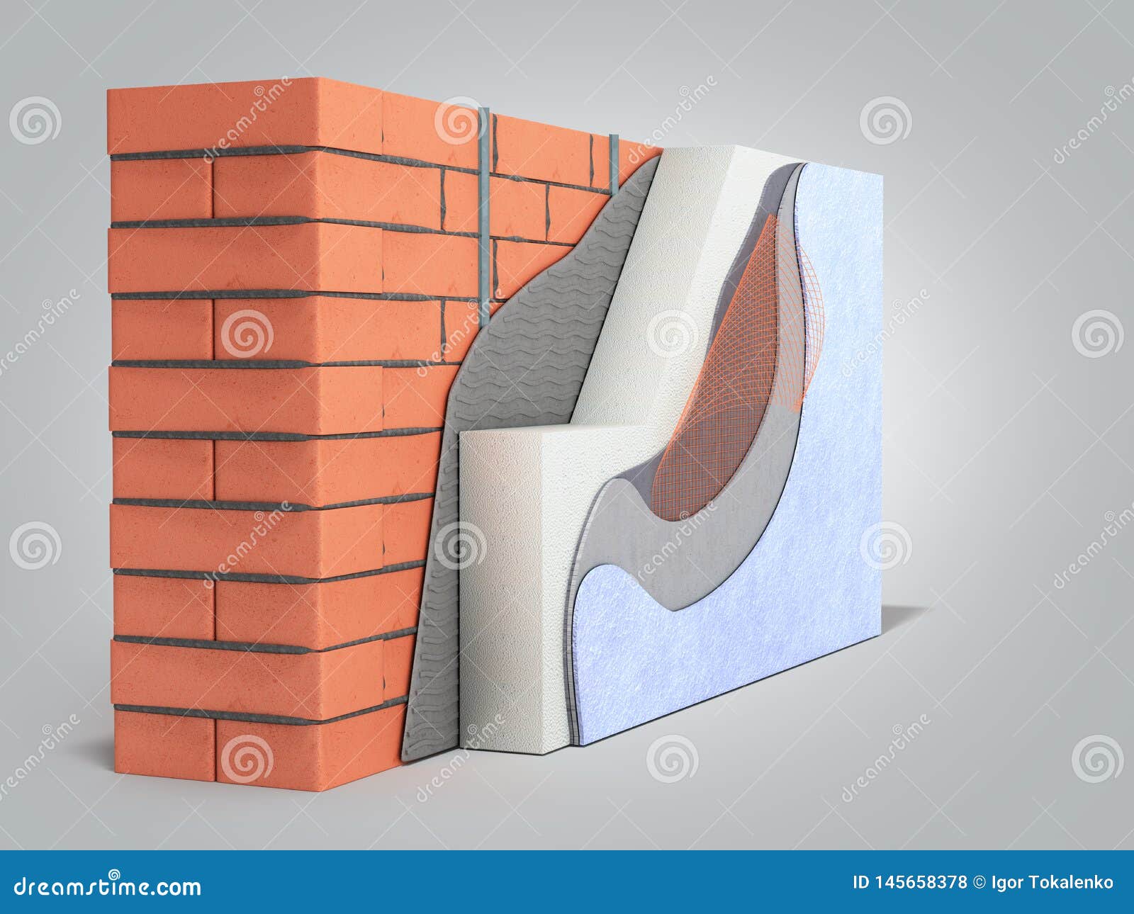 Layered Brick Wall Thermal Insulation Concept 3d Render On Grey ...