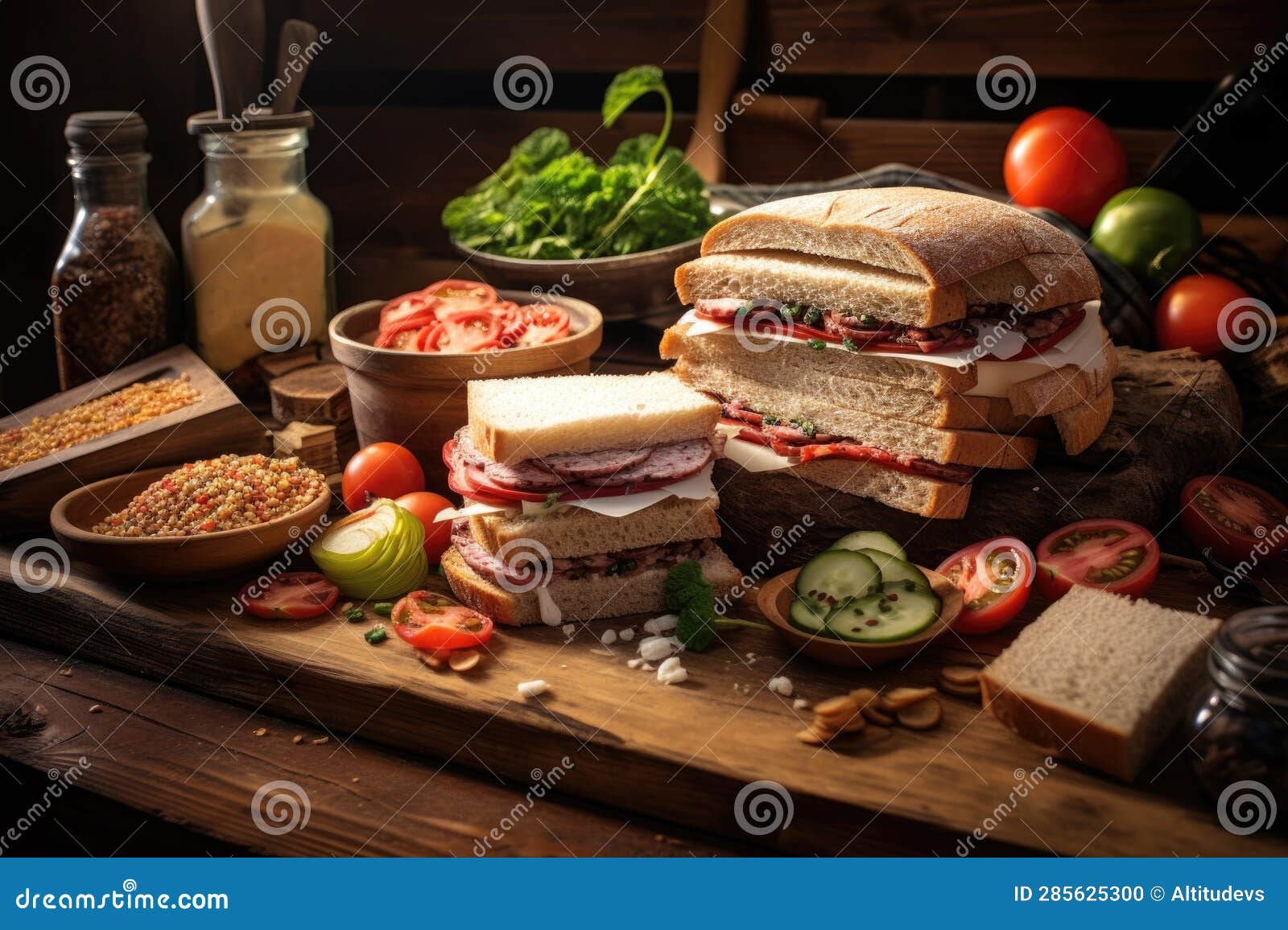 Layered Sandwich Ingredients on Wooden Table Stock Photo - Image of ...