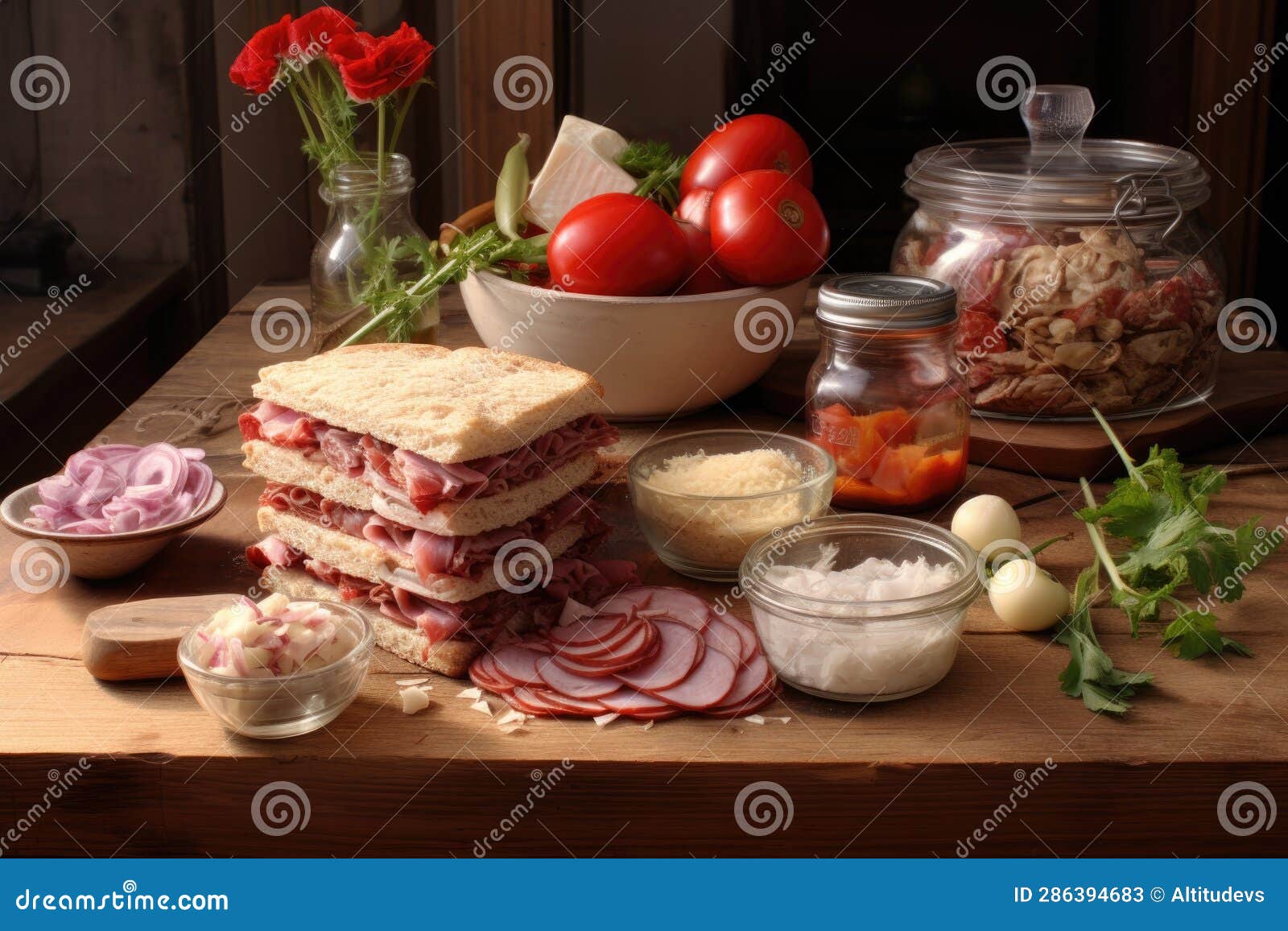 Layered Sandwich Ingredients on Wooden Table Stock Image - Image of ...