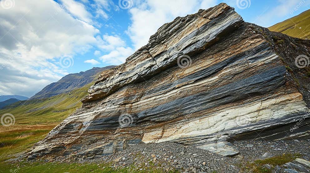 Layered Sedimentary Rock Formations on a Mountainside Stock ...