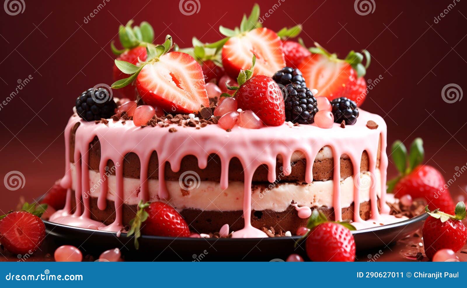 A Layered Strawberry Cake on Pink Color Background Stock Image - Image ...