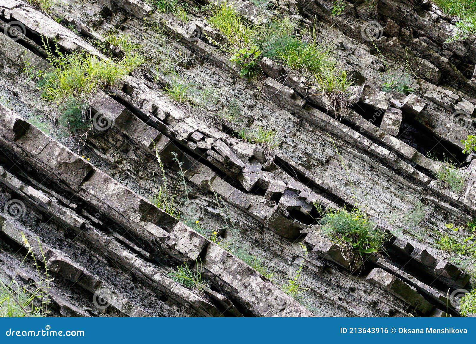The Layers of the Rock are Overgrown with Grasses Stock Photo - Image ...