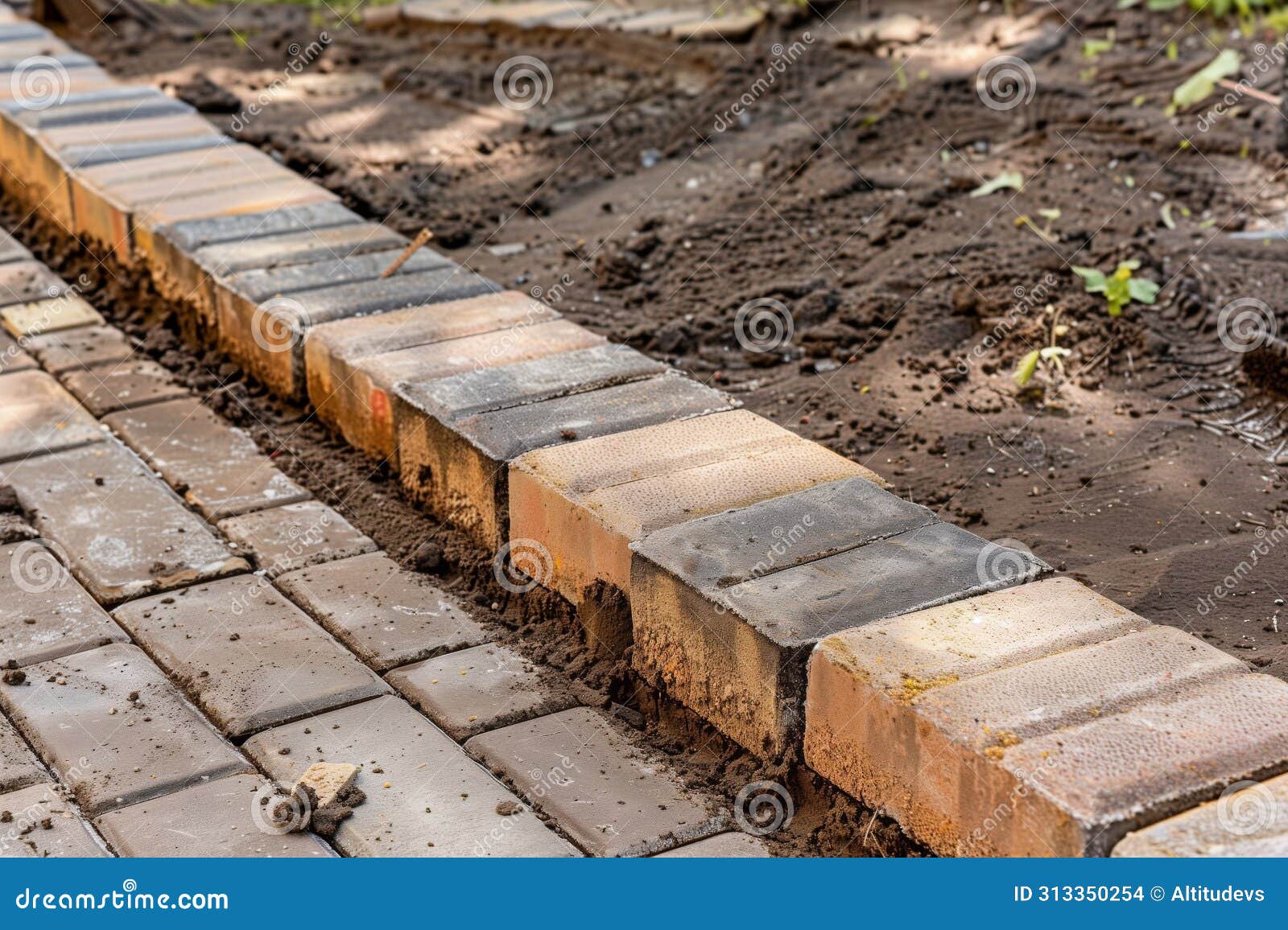 Laying a Border of Bricks Around Garden Paving Installation Stock Photo ...