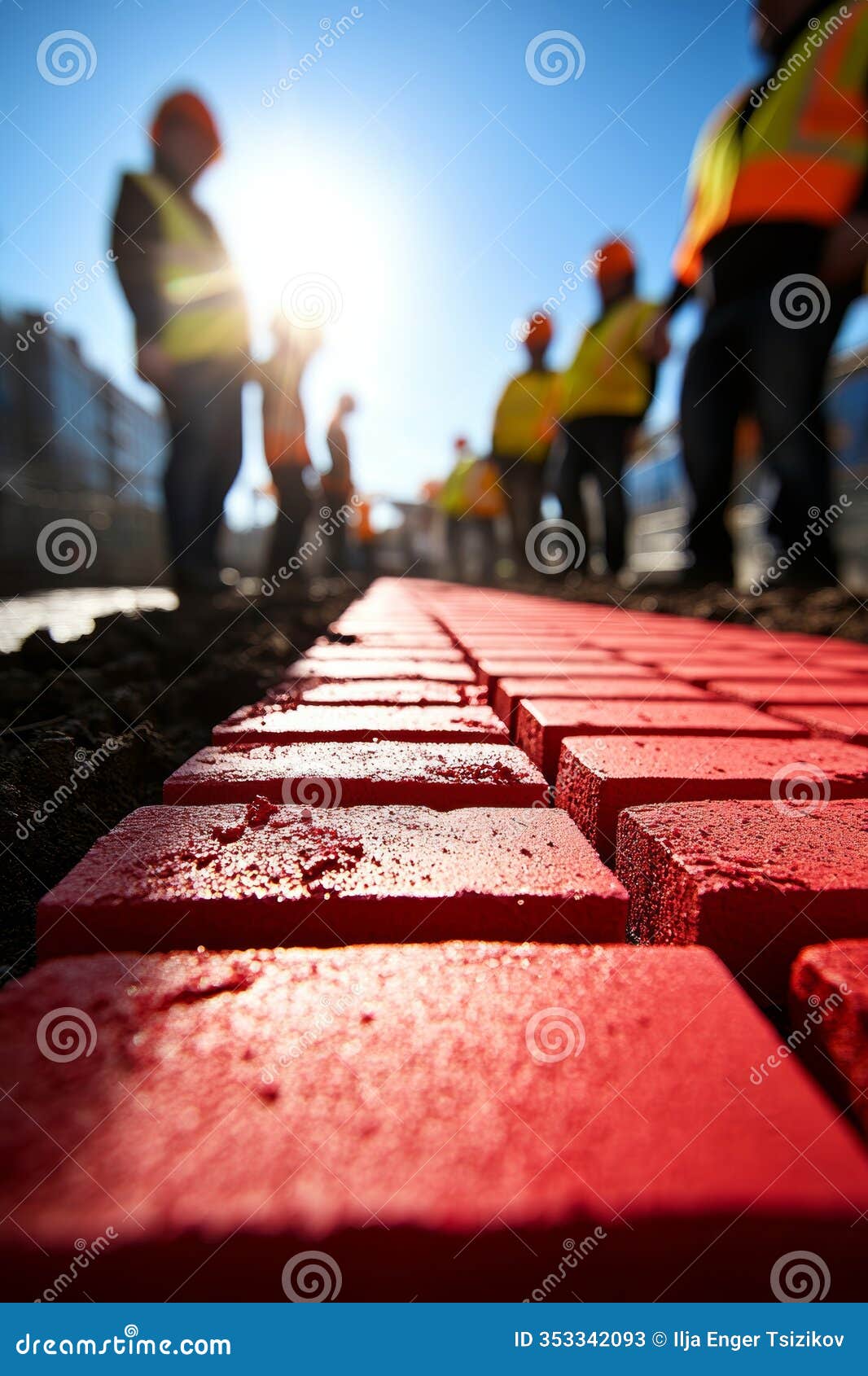 Laying the Foundation Construction Crew Installs Red Bricks on a Sunny ...