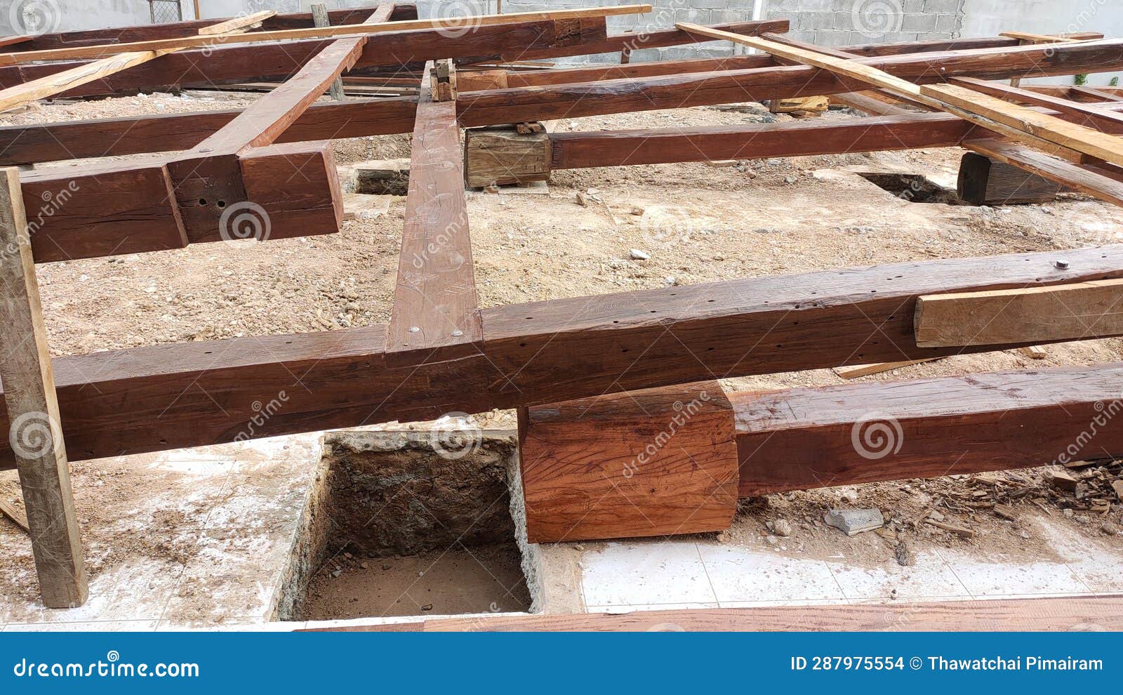 Laying the Foundation of a Wooden House Structure Stock Photo - Image ...