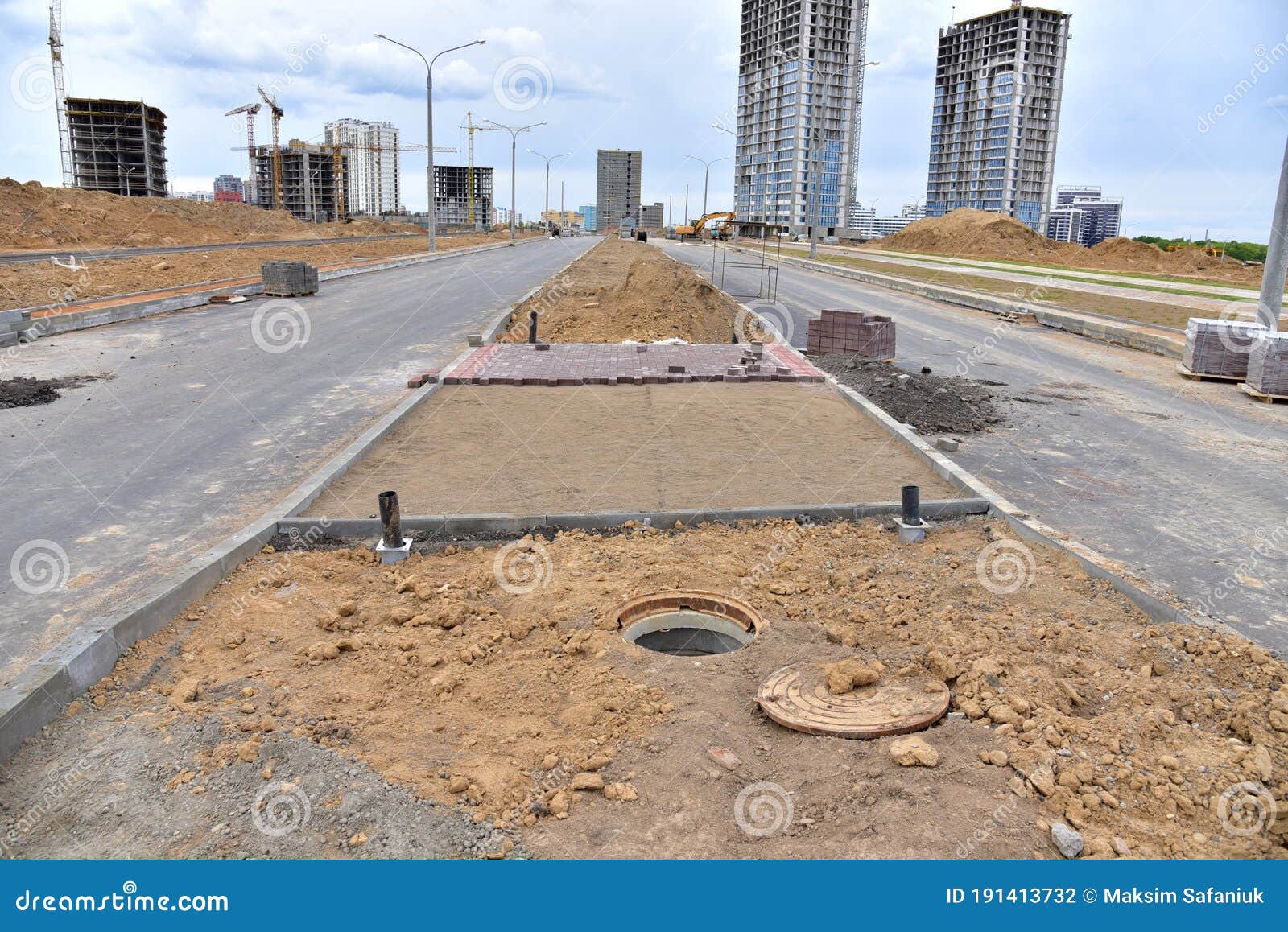 Laying Paving Slabs And Borders At Construction Site. Process Of ...