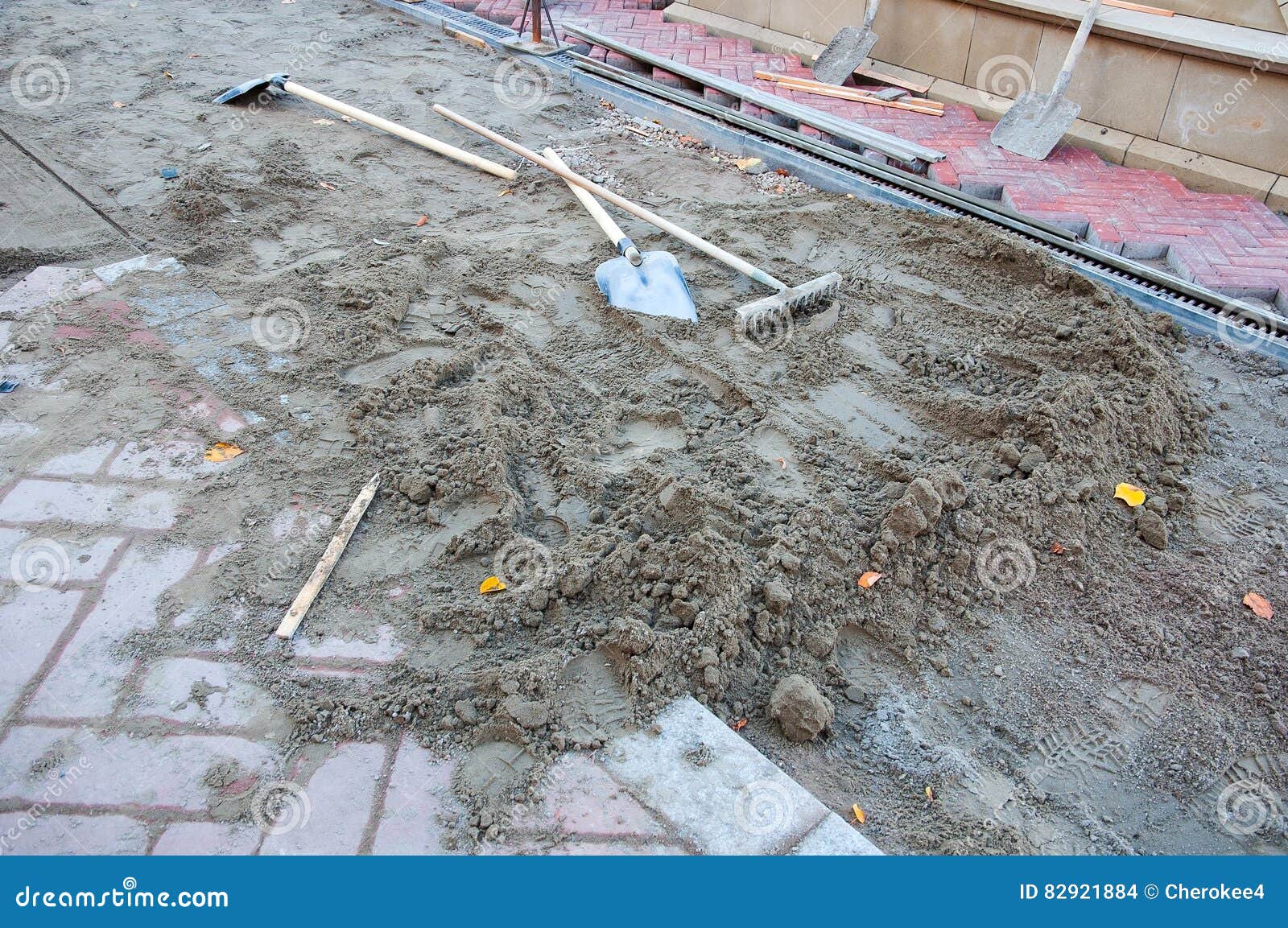 Laying of Paving Slabs. Working Environment and Working Tool. Drainage ...