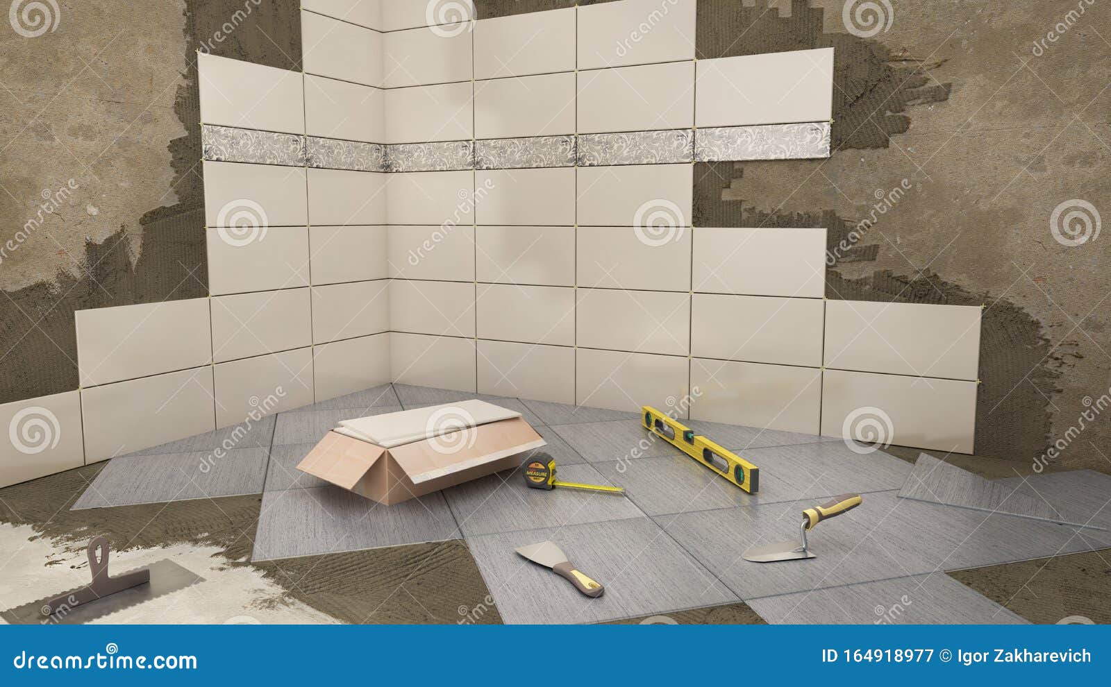 Laying Tiles on Walls and Floor Stock Illustration - Illustration of ...