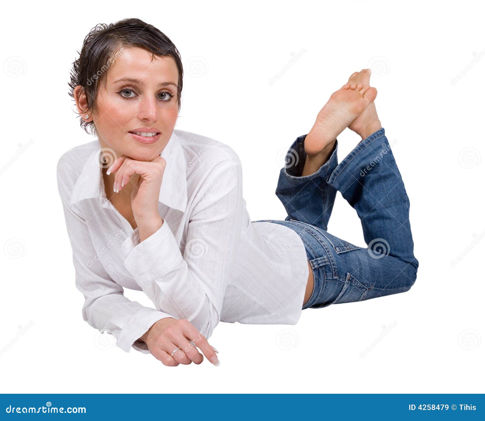 Laying woman stock image. Image of makeup, portrait, jeans - 4258479