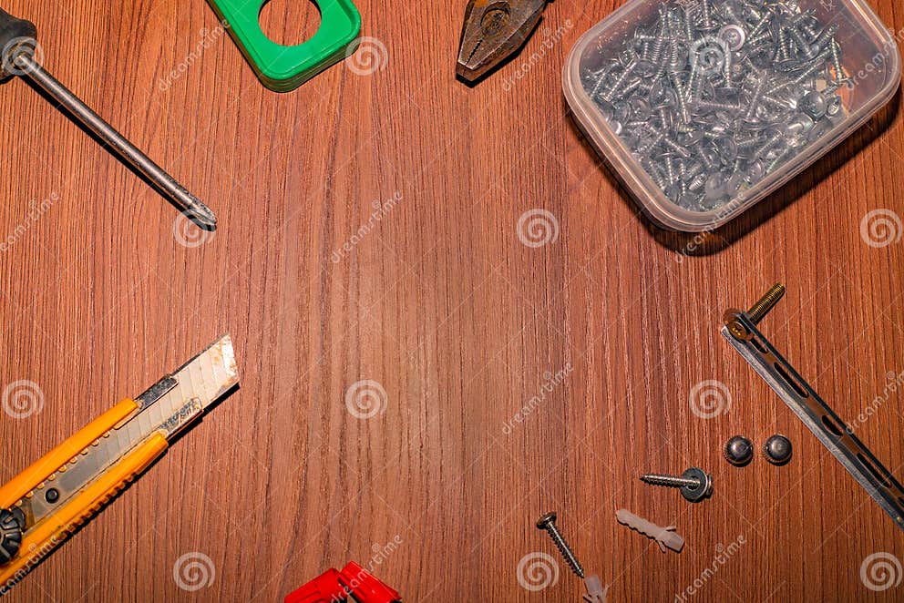 Layout for the Carpenter. on a Wooden Surface, Working Tools in a ...
