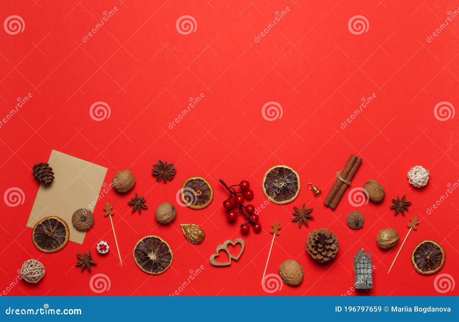 New Year Red Background with Festive Decor, Decorations, Gilded Nuts ...
