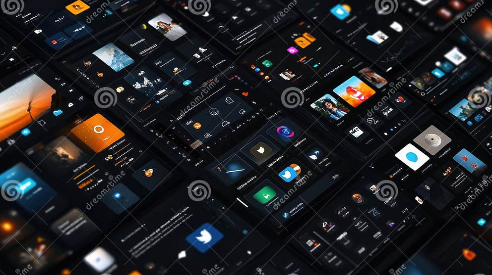 The Layout Features Multiple Screens Displaying Different Social Media App Interfaces in a Sleek ...