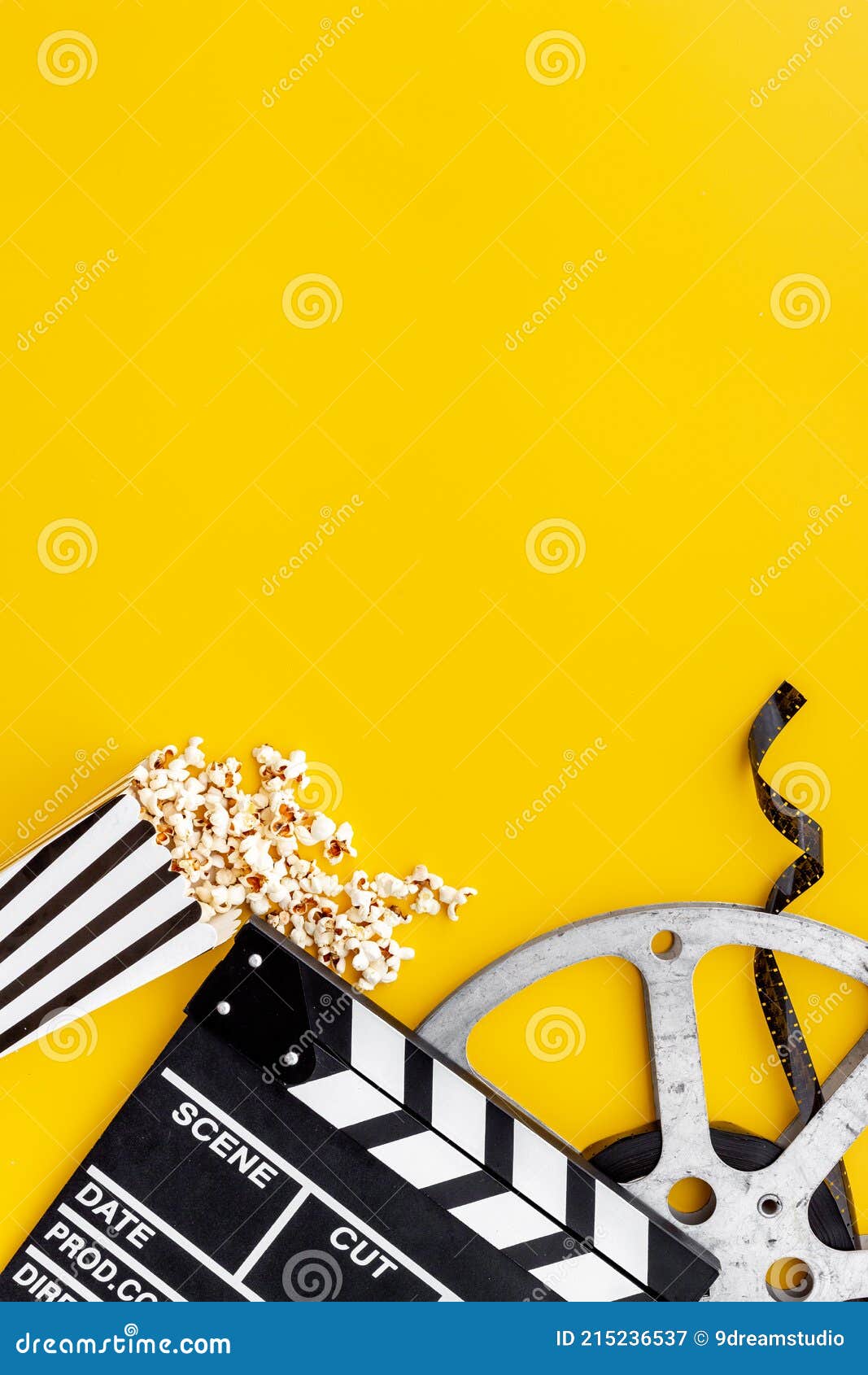 Layout of Film Reel with Popcorn and Clapperboard. Cinema Concept Stock ...