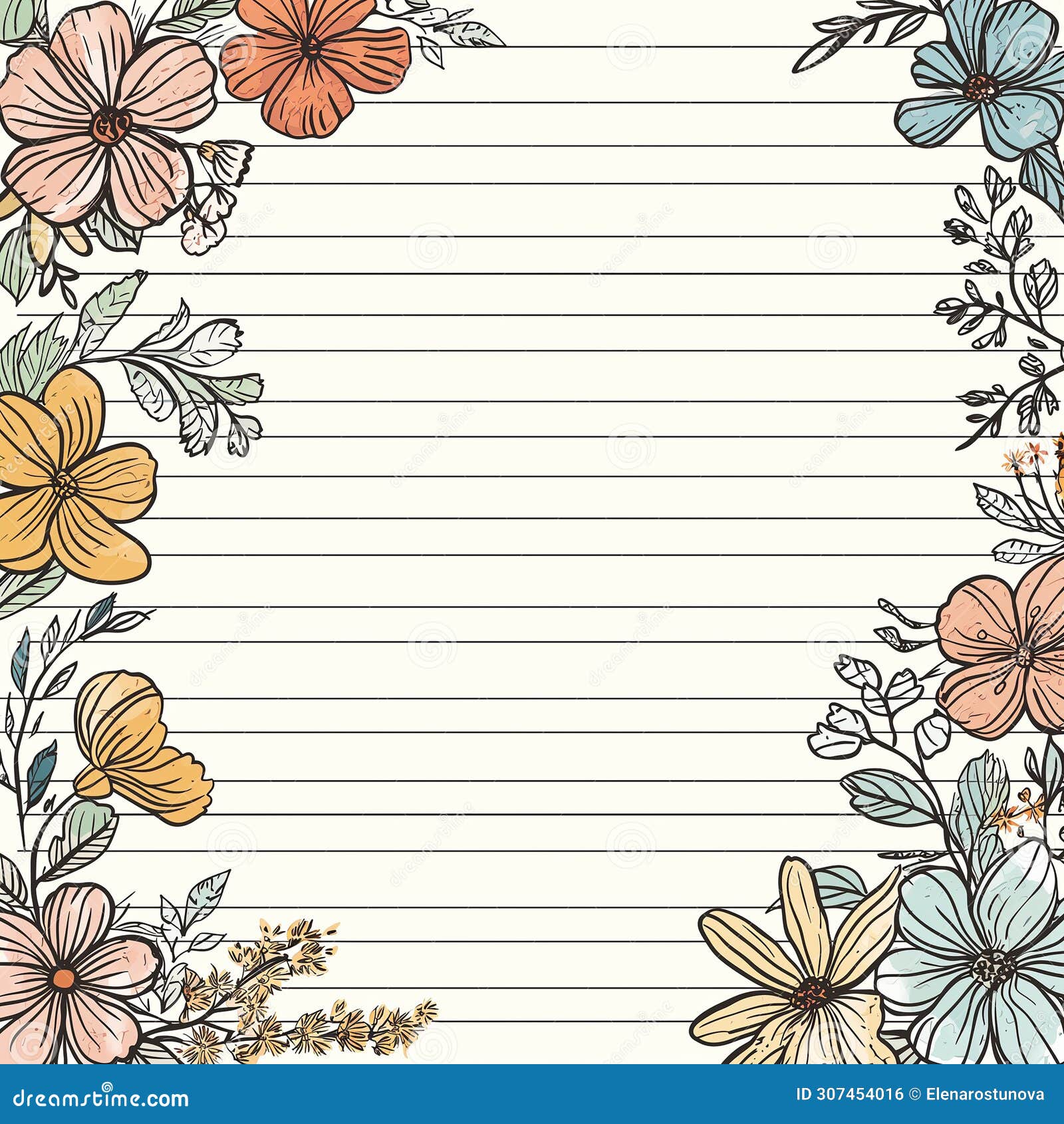 Flowers Around the Edges and Lined Paper. Frame with Flowers, Square ...