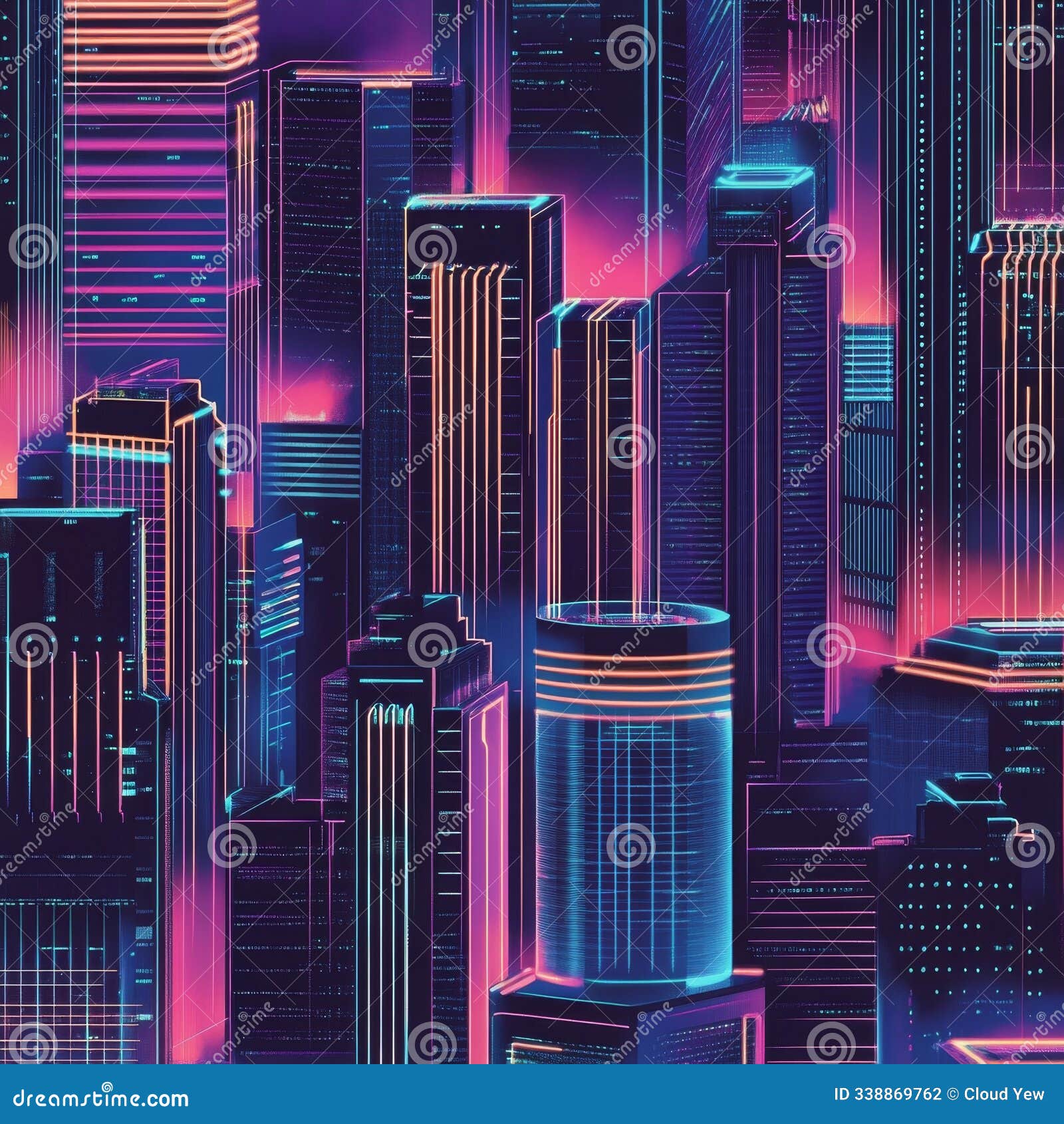 Layout Pattern Featuring Repetitive Synthwave Skyscrapers with Neon ...