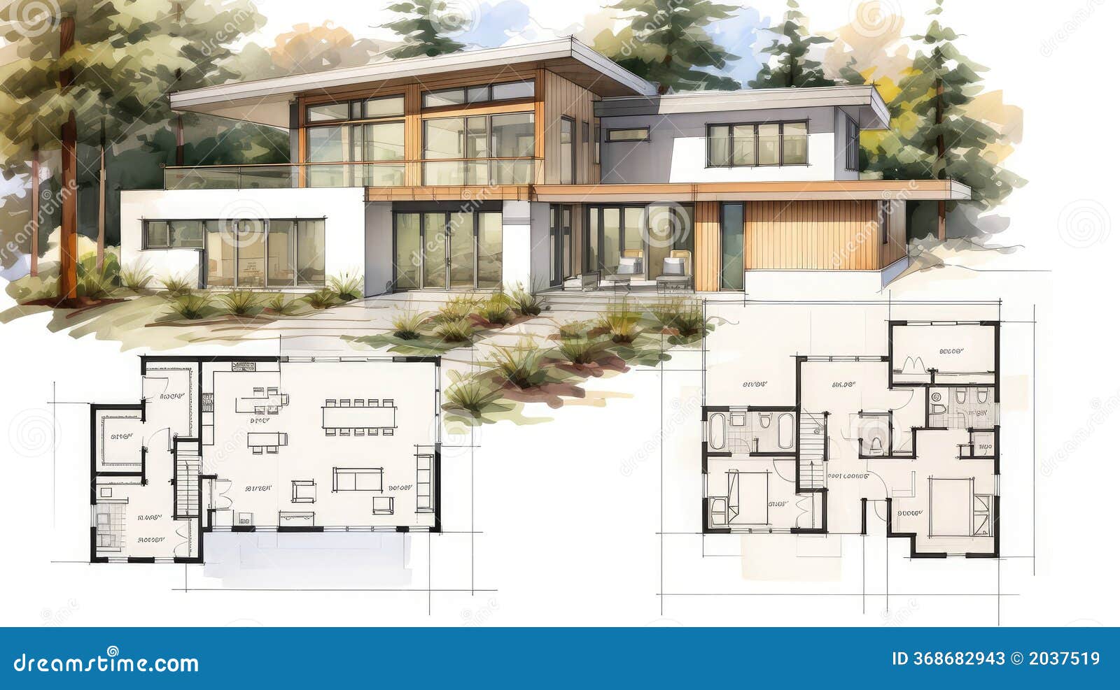 Modern Two Story House Architectural Design Blueprint 3d Home Plan Roof ...