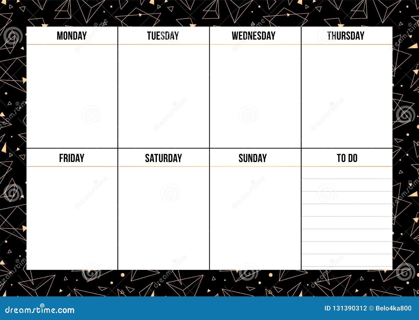Weekly Planner with Gold Geometric Shape on Black Background. Stock ...
