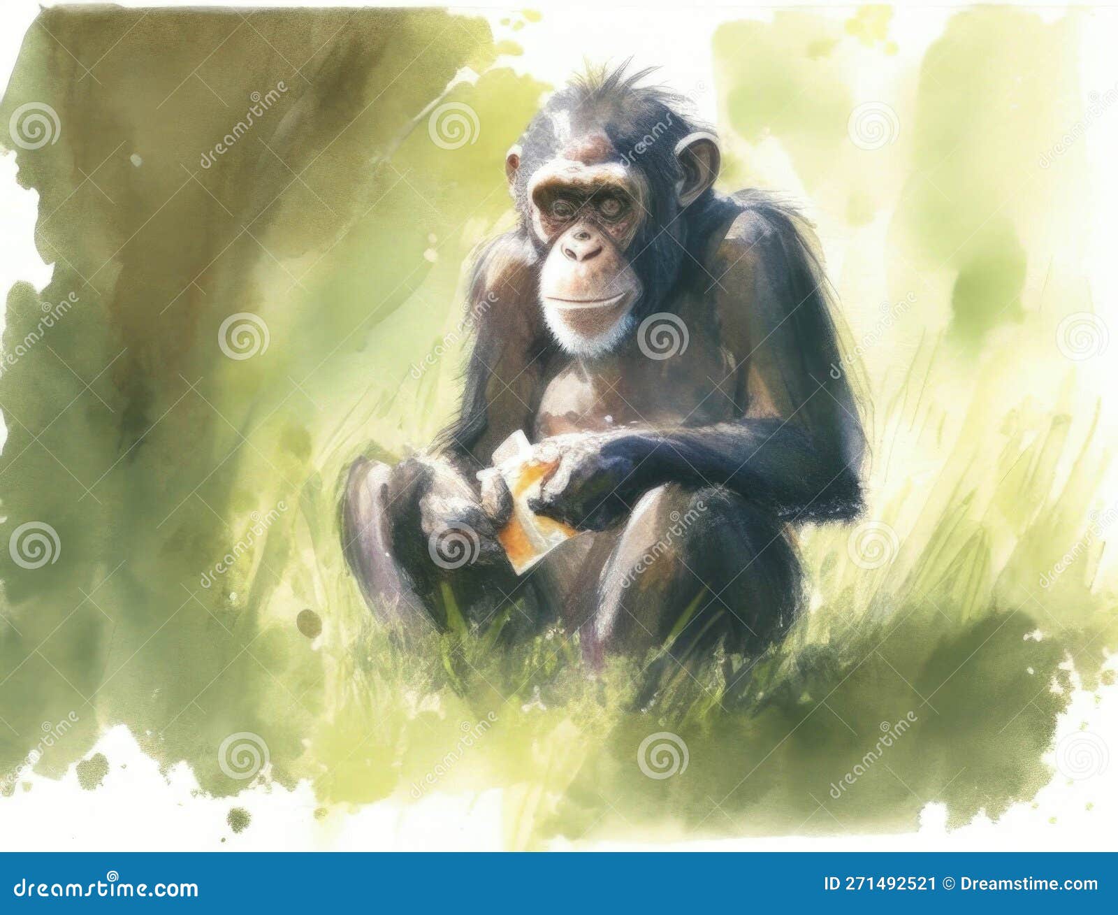 A Lazy Chimpanzee Snacking on Nuts in a Tranquil Meadow with a Content ...