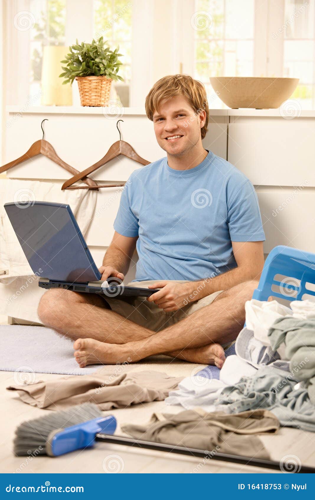 Lazy guy with computer stock image. Image of color, home - 16418753