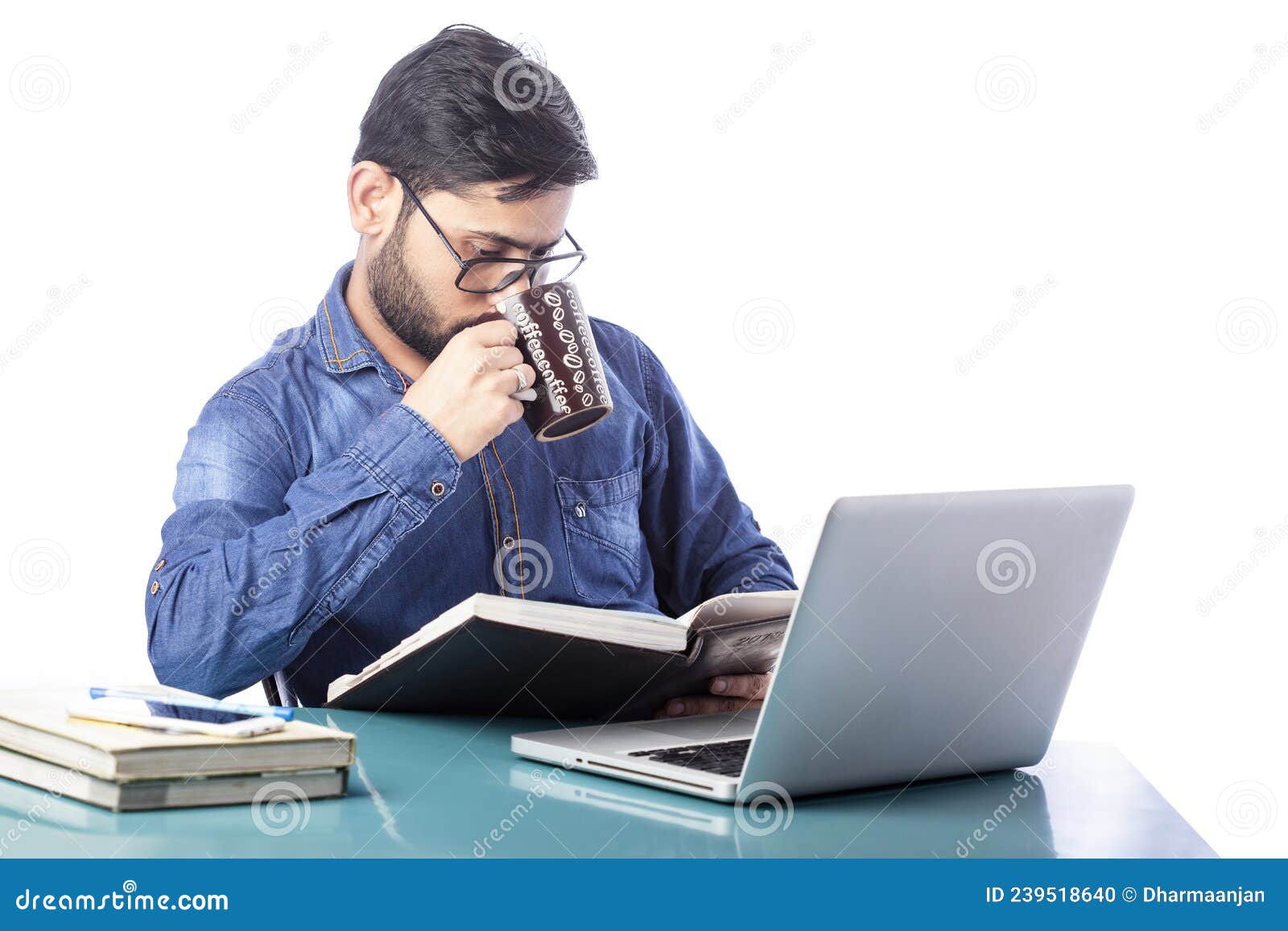 Lazy Man Drinking Coffee Wearing Eyeglass And Reading Diary Working On