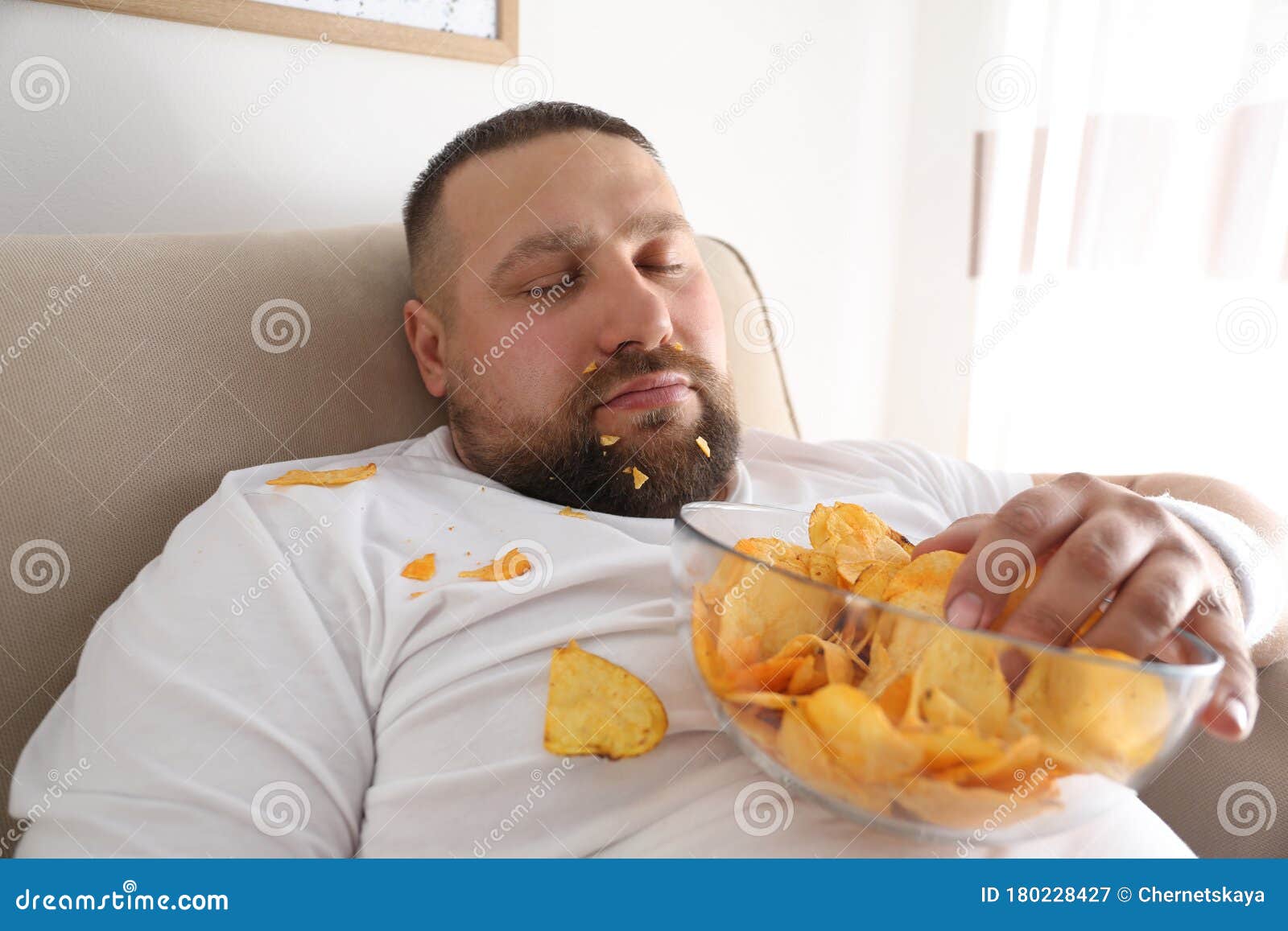 Lazy Overweight Man with Chips Sleeping on Sofa, Closeup Stock Image ... Lazy Overweight Man with Chips Sleeping on Sofa, Closeup Stock Image ...