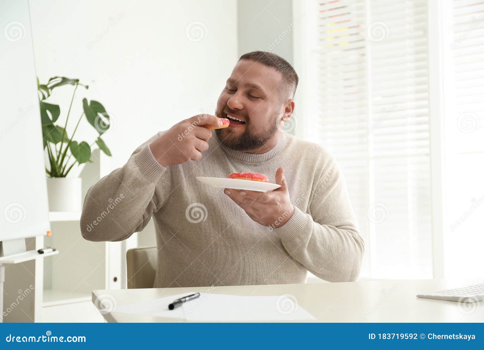 Overweight Office Employee with Donuts at Workplace Stock Photo - Image ...