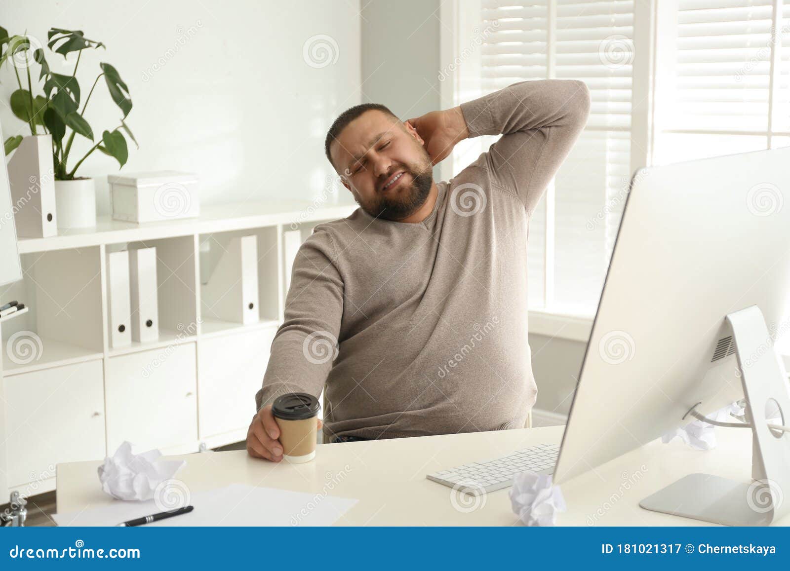 Overweight Office Employee Procrastinating at Workplace Stock Image ...