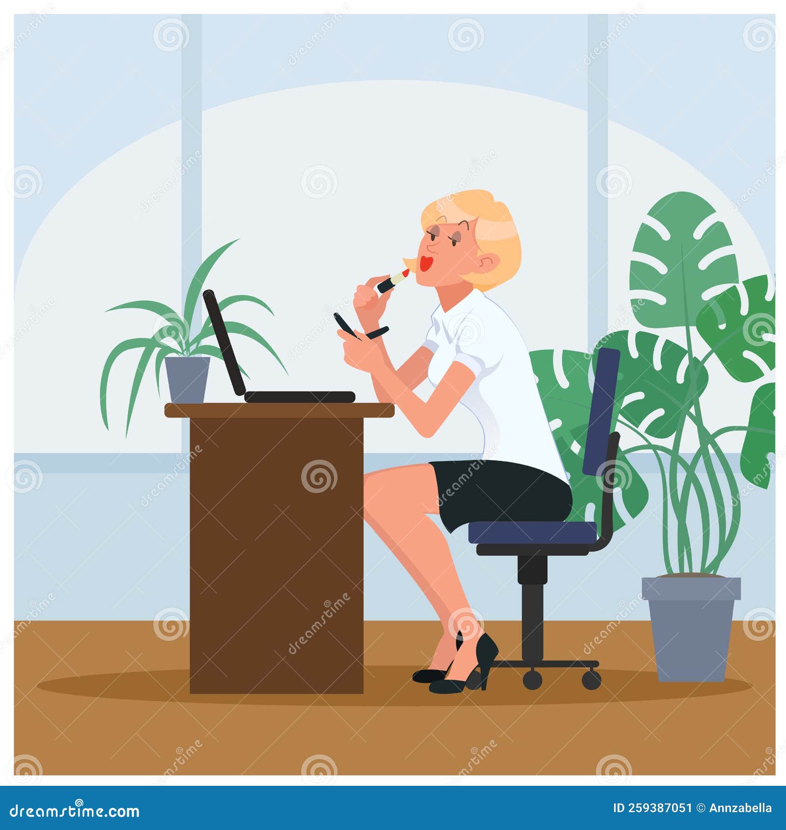 Lazy Secretary Doing Makeup at Workplace. Vector Illustration Stock ...