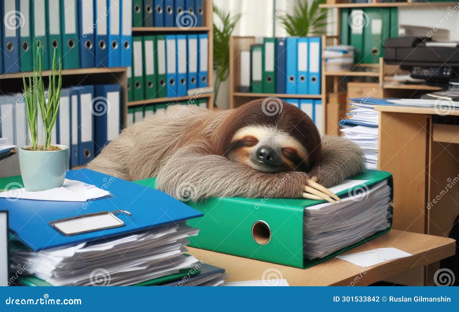 Lazy Sloth Sleeping at Table in Office Stock Photo - Image of relax ...