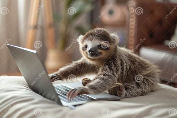 Lazy Sloth Working at the Computer Stock Image - Image of sitting ...