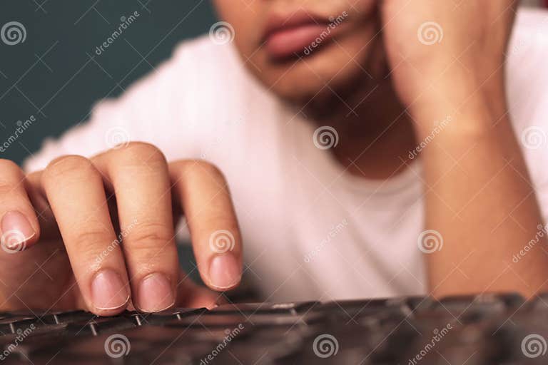 Lazy Tired Man Hands Typing on Keyboard, Browsing Internet on Pc ...