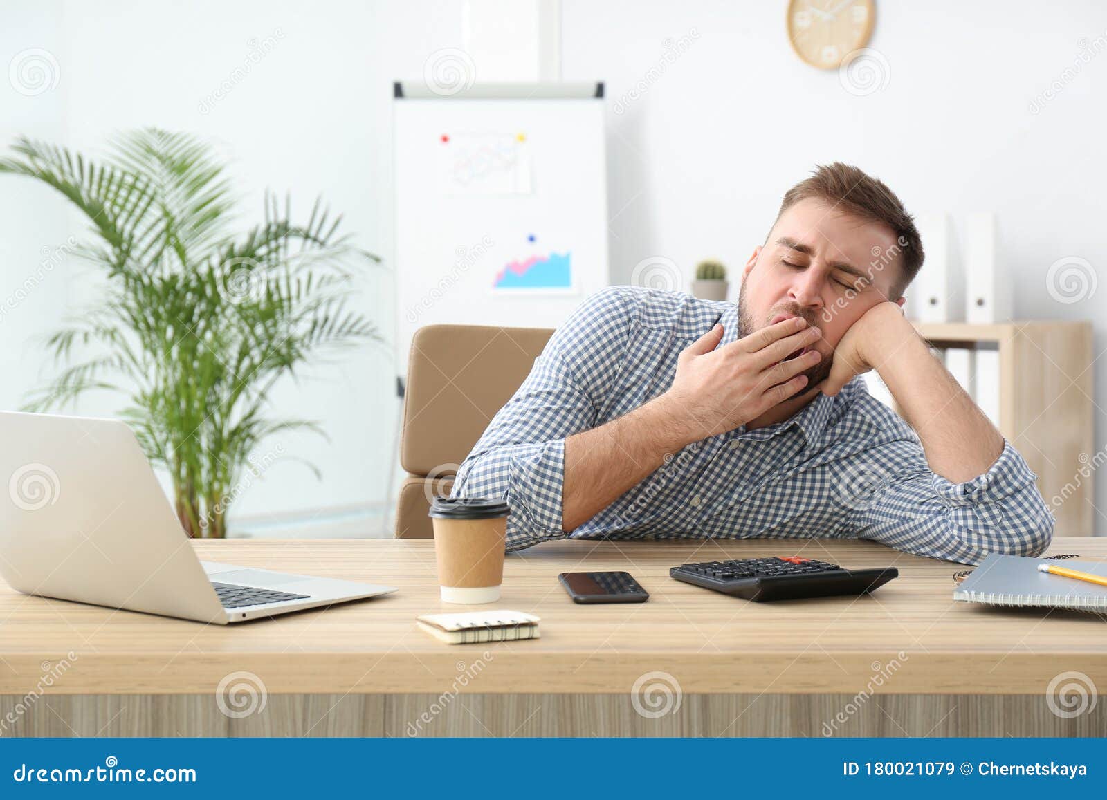 Lazy Office Employee Yawning at Workplace Stock Image - Image of drink ...