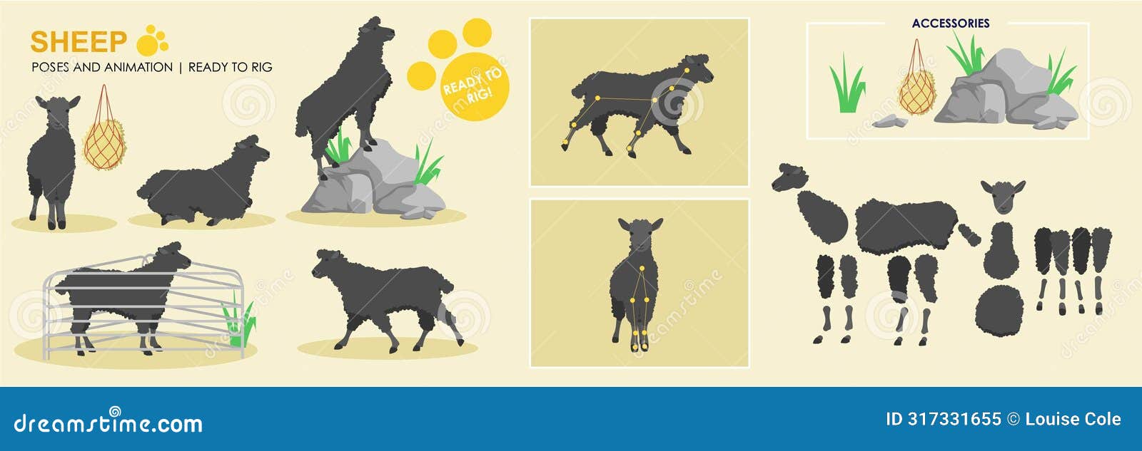 Black Sheep, Lamb, Farm Animals, Ready To Rig Vector for Animation ...