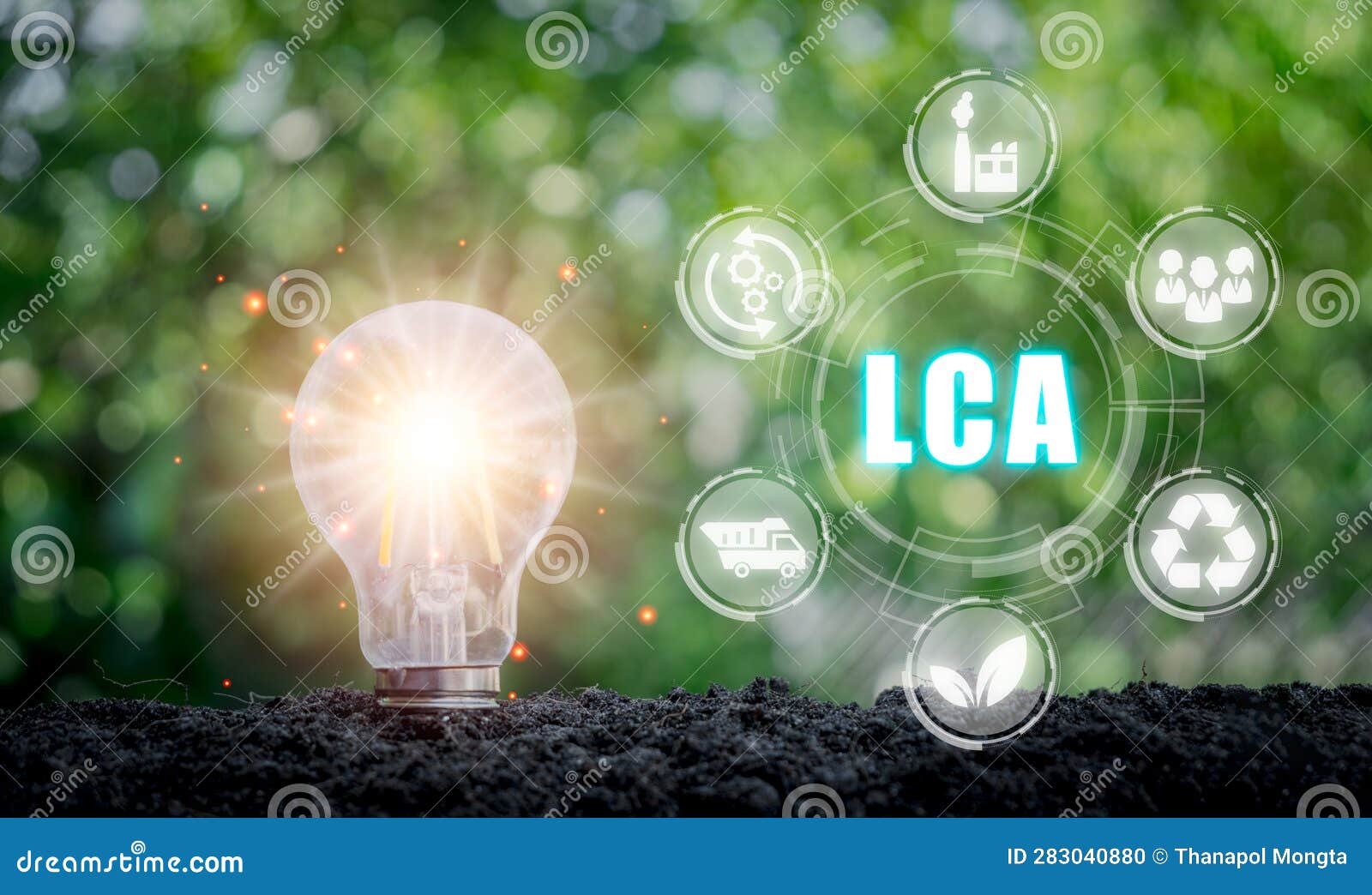 Light Bulb on Soil with Life Cycle Assessment Icon on Virtual Screen ...