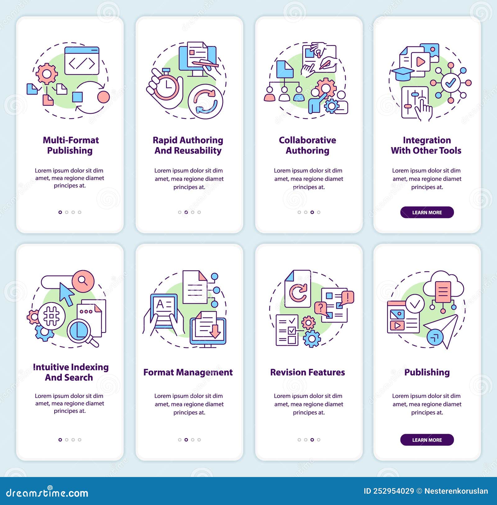 Lcms And Cms Features Onboarding Mobile App Screen Set Stock Illustration Illustration Of