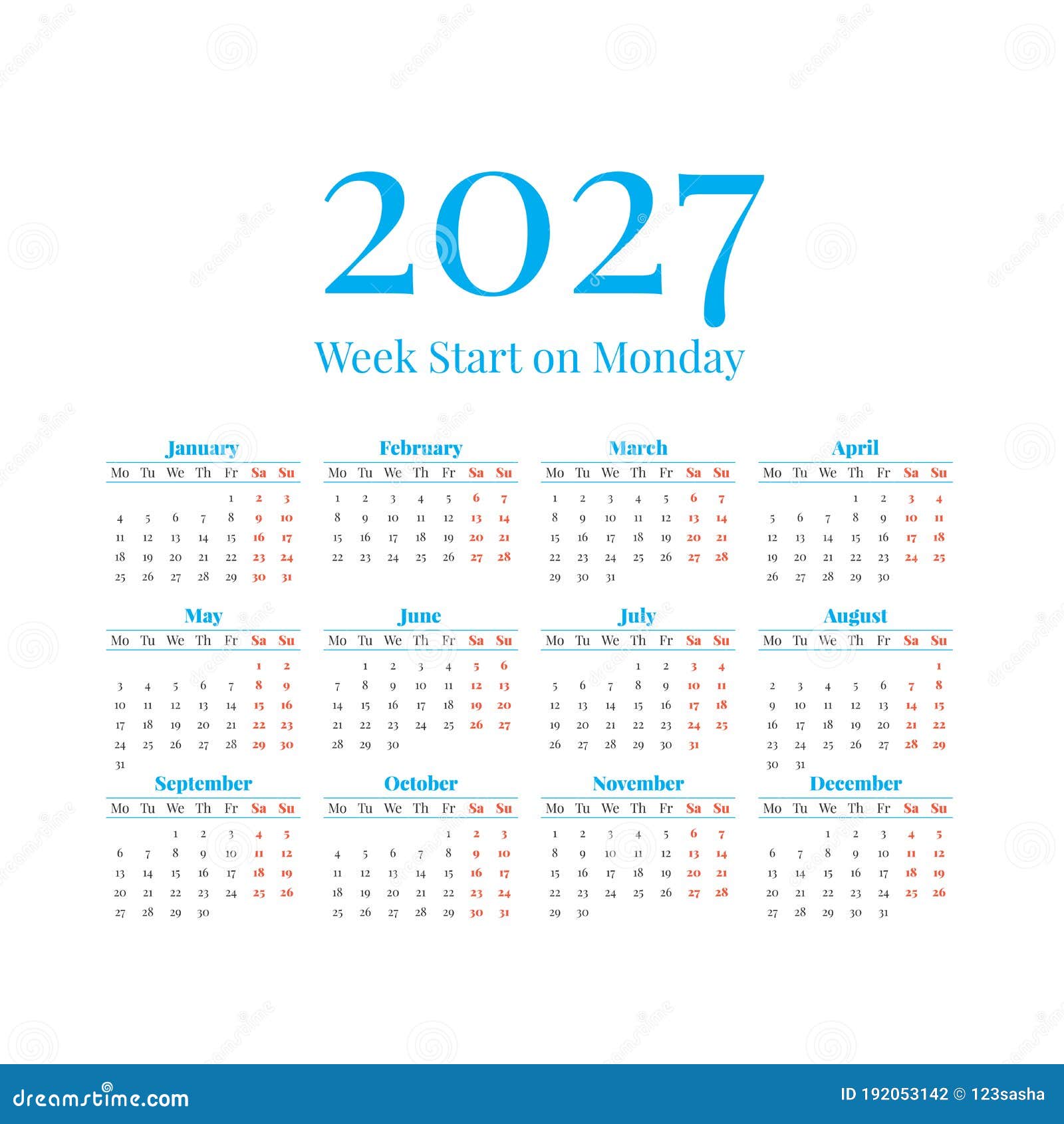 Le Calendrier 2027 Avec Les Semaines Qui Commencent Le Lundi ...