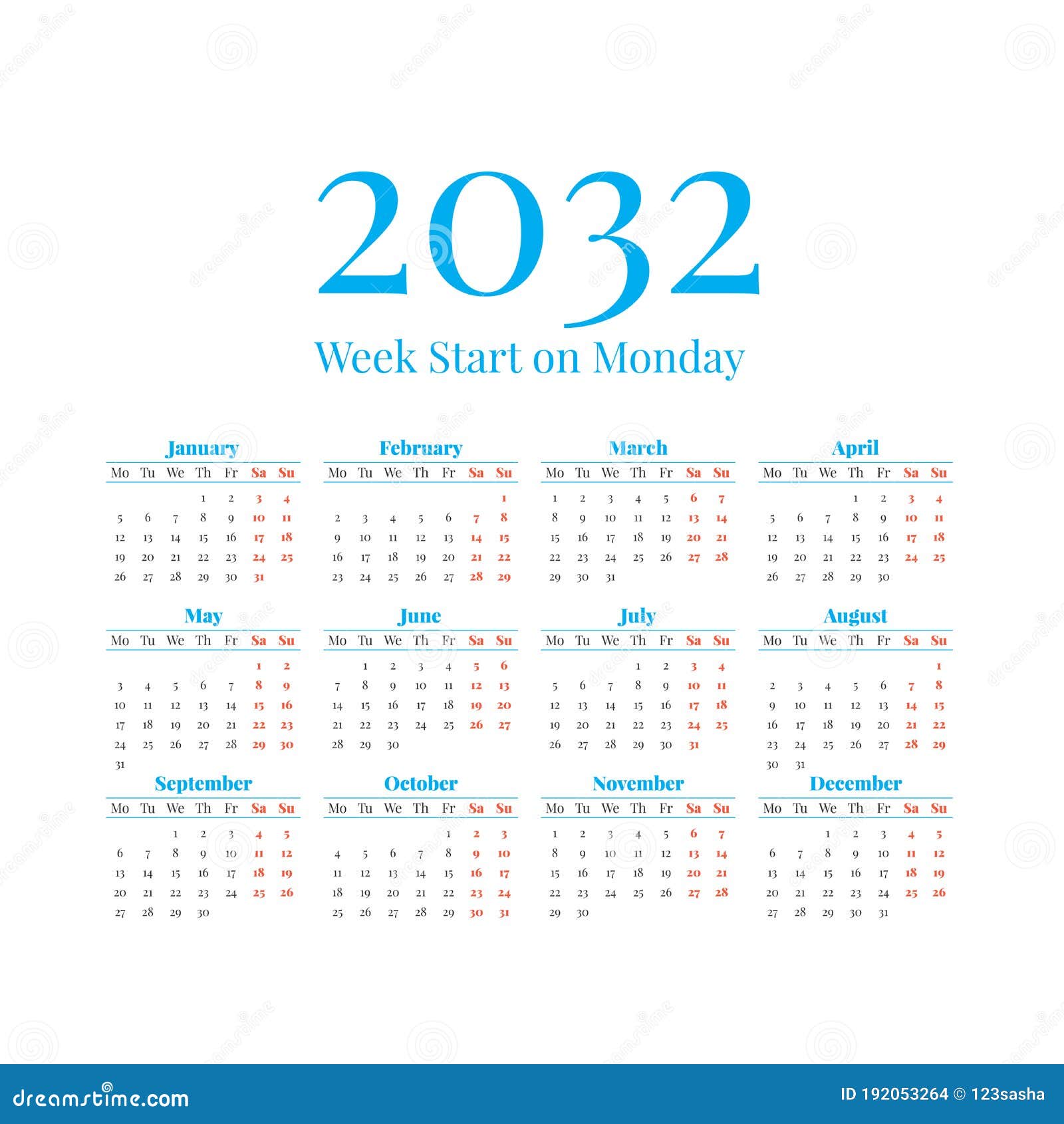 Le Calendrier 2032 Avec Les Semaines Qui Commencent Le Lundi ...
