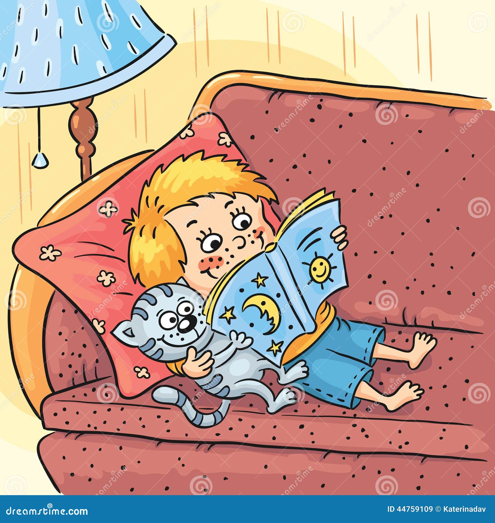 Le Garçon Lit Un Livre Avec Son Chat Illustration de Vecteur - Image ...