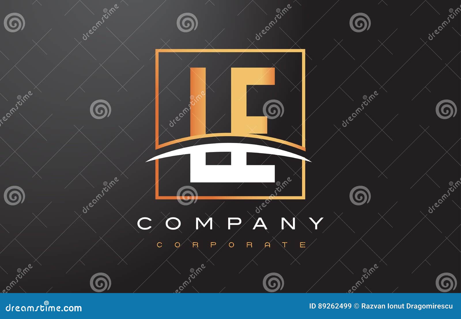 LE L E Golden Letter Logo Design with Gold Square and Swoosh. Stock ...