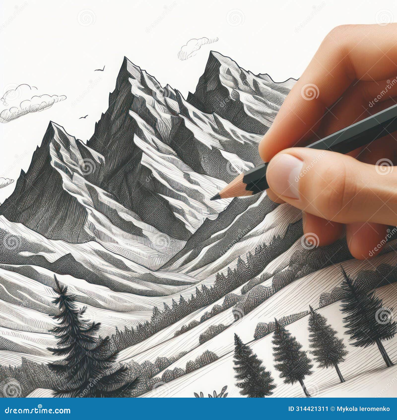 Le Processus De Dessiner Un Beau Paysage Avec Un Crayon. Illustration ...