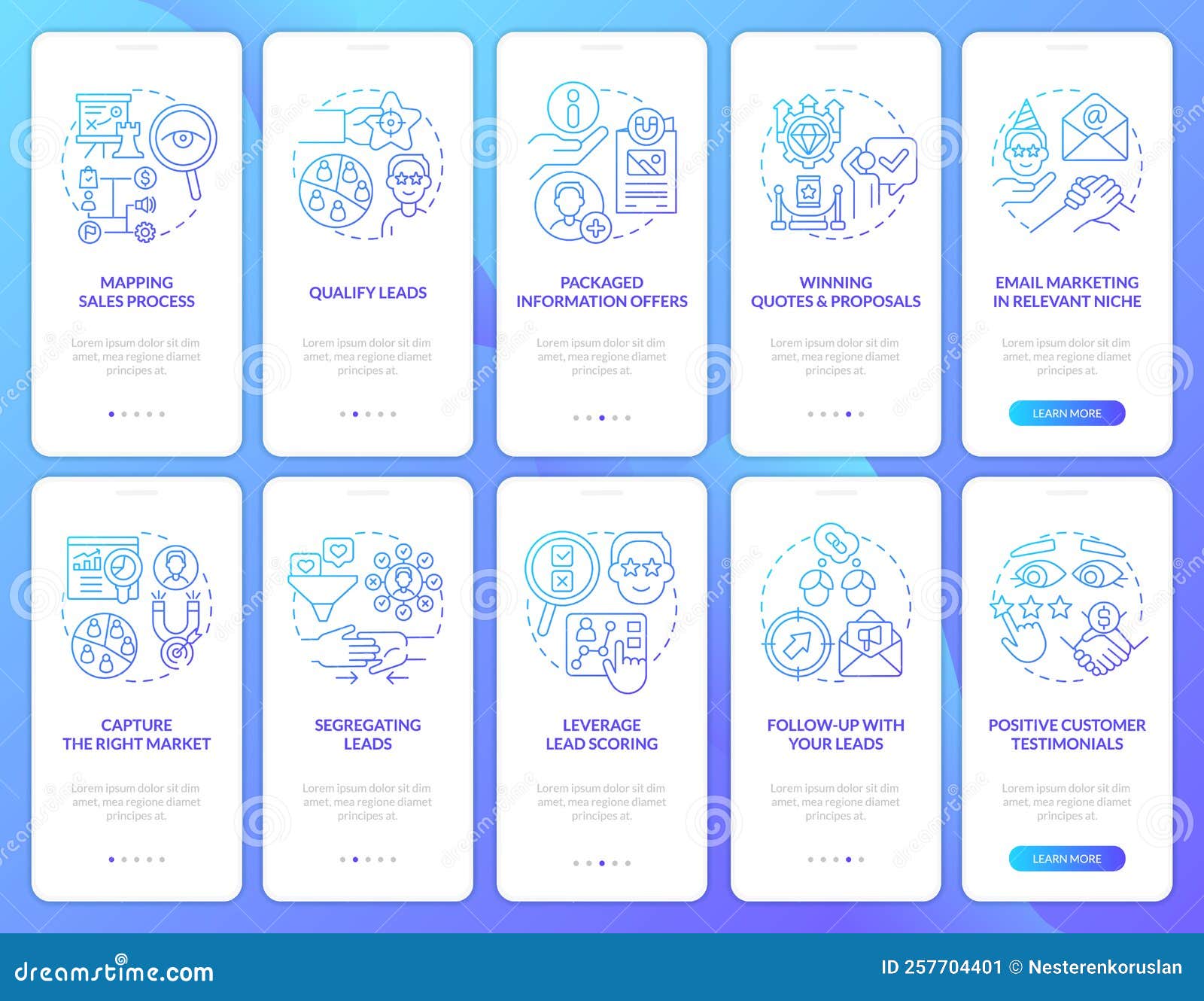 Lead Conversion Process Blue Gradient Onboarding Mobile App Screen Set ...