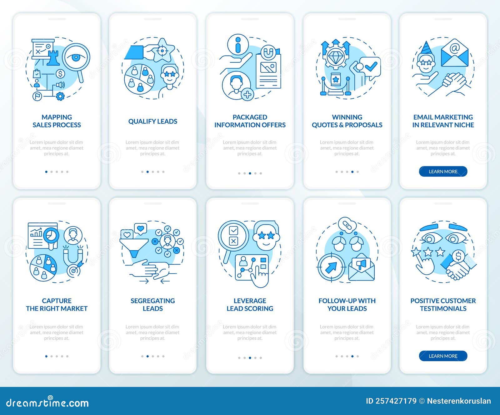 Lead Conversion Process Blue Onboarding Mobile App Screen Set Stock