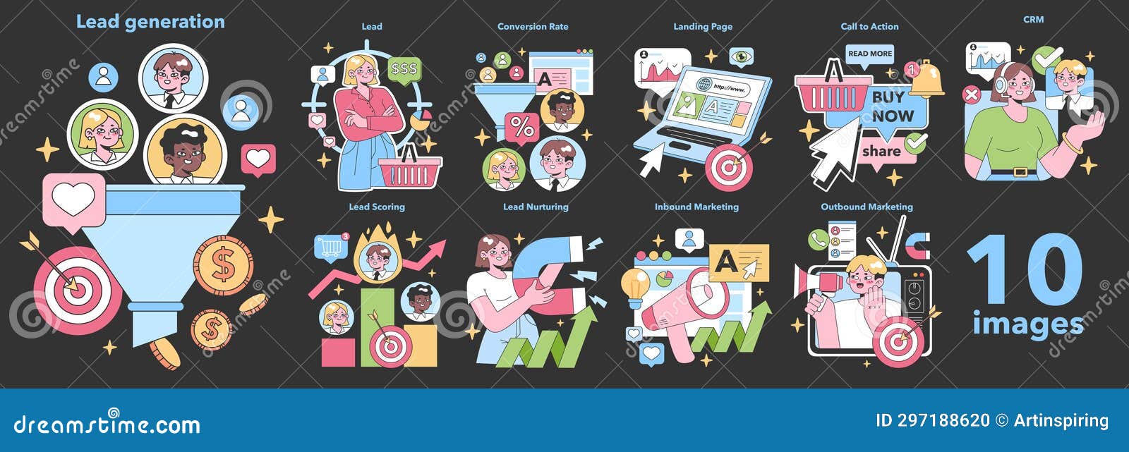 Lead Generation Set. Flat Vector Illustration, Dark Background Stock ...