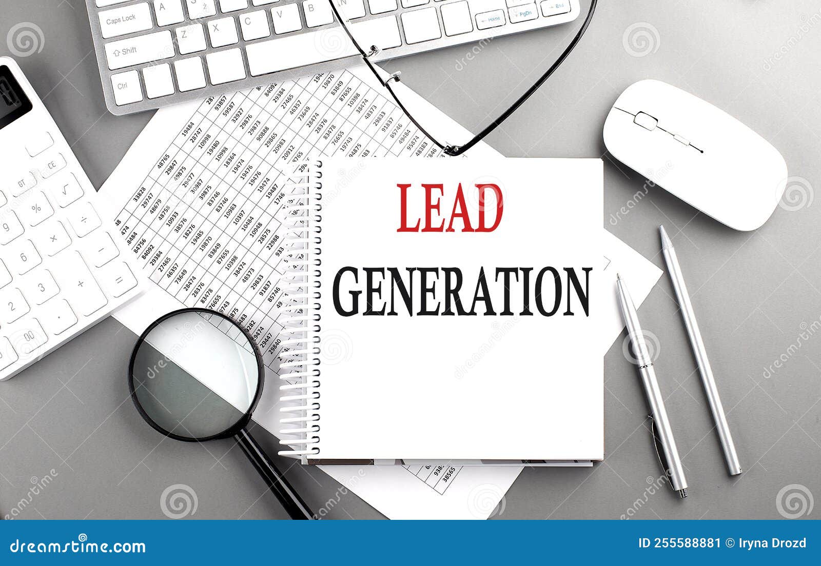 LEAD GENERATION Text on Notepad on Chart with Keyboard and Calculator ...