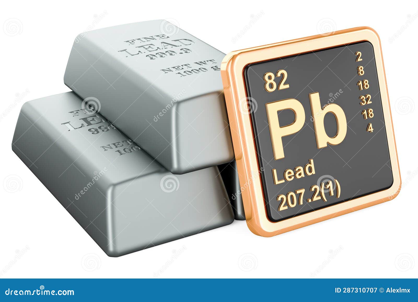 Lead Ingots with Chemical Element Icon Plumbum Pb, 3D Rendering Stock ...