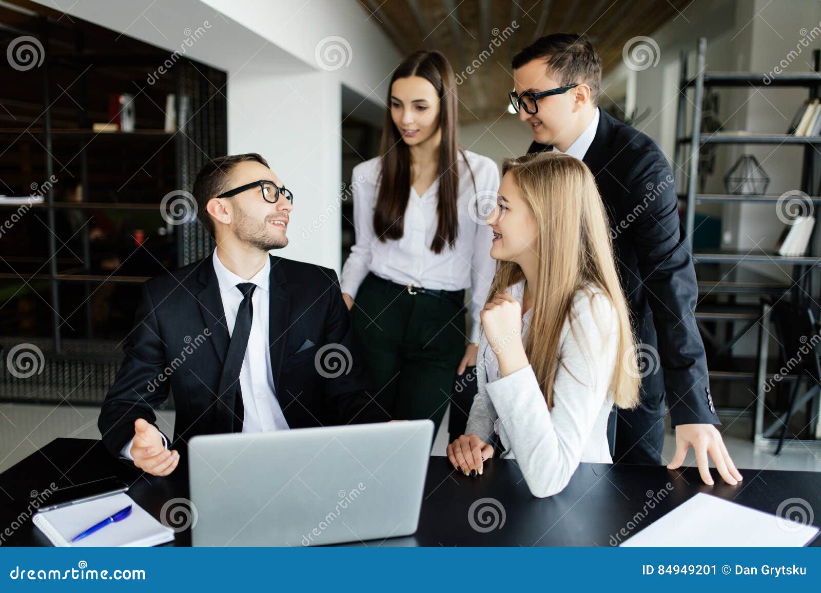 Leader Asking Team about Laptop Presentations. Stock Image - Image of ...