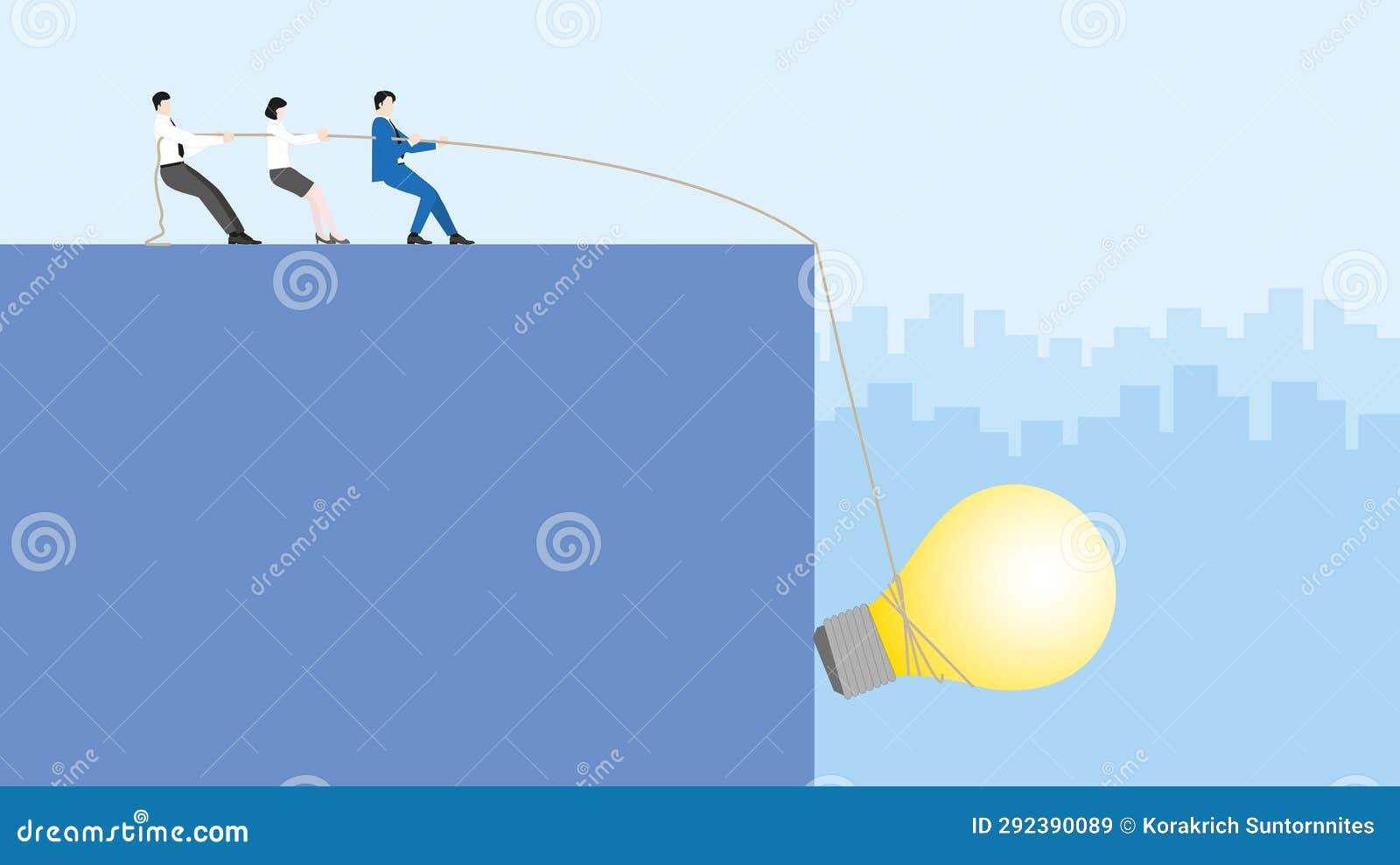 Leader Businessman and Teamwork Pull a Rope Big Light Bulb from Falling ...
