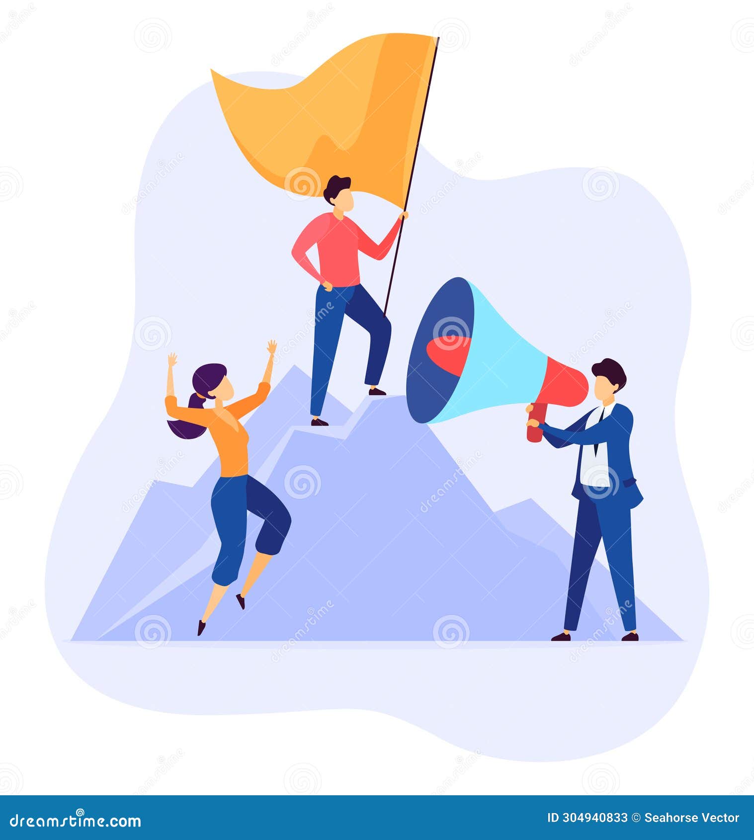 Leader with Flag on Mountain Peak Guiding Team, Man with Megaphone ... Leader with Flag on Mountain Peak Guiding Team, Man with Megaphone ...