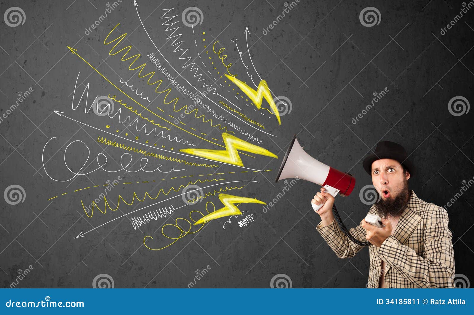 Leader Guy Shouting Into Megaphone With Hand Drawn Lines Stock Image ...
